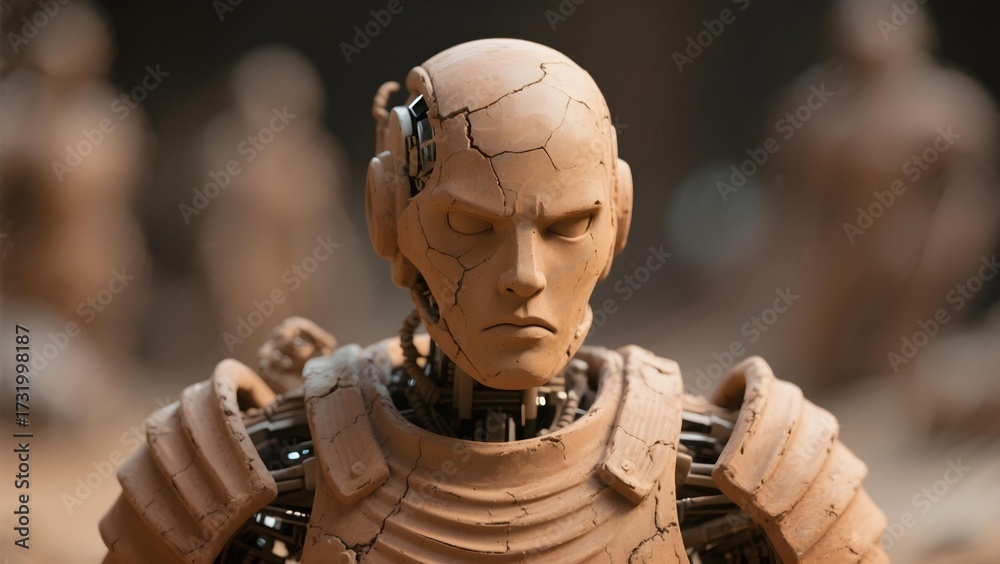 Stern clay humanoid robot with cracked faceplate and mechanical neck ...