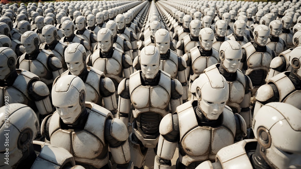 Humanoid robots buried in formation inside excavated trench covered in ...