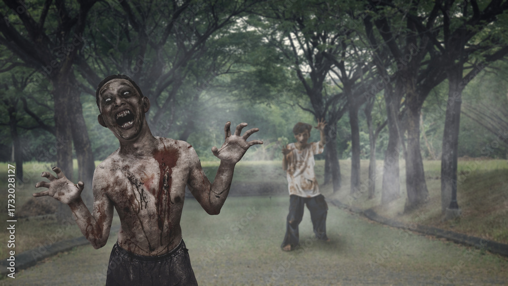 Stock-Foto „Scary male zombies with wounds and blood were walking on ...