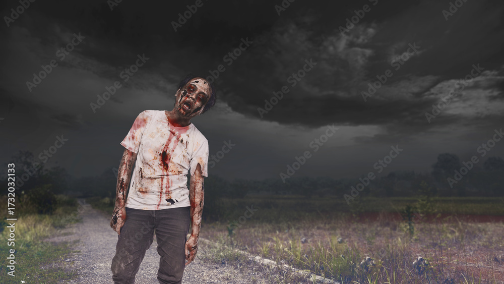 Scary male zombie with a wound and bloody walking on the gravel path ...