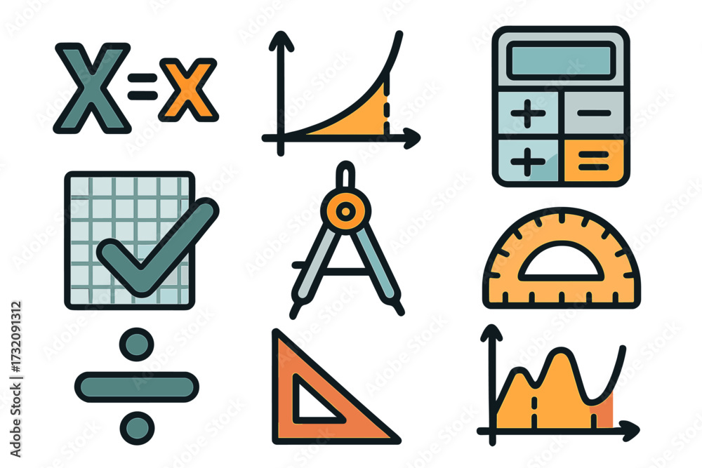 Mathematics icon set with symbols for algebra, geometry, and calculus. Vector collection of ...