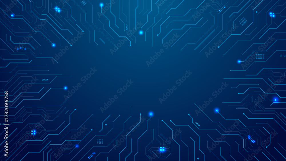 Circuit board with wire connecting paths, digital ai tech background ...