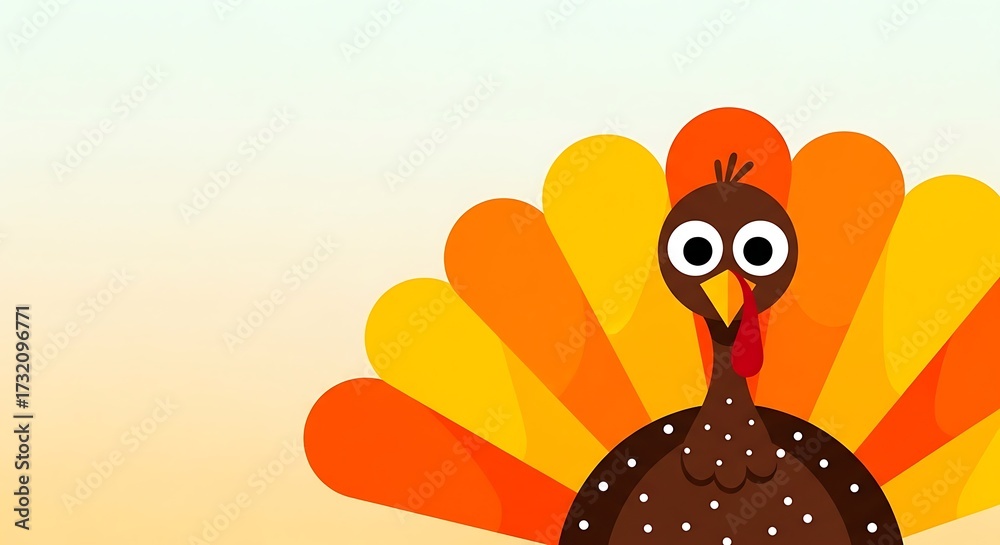 Whimsical cartoon turkey with colorful fanned tail feathers and big ...