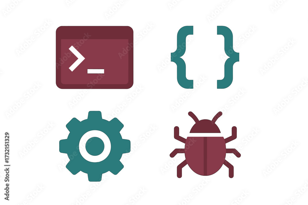 Modern essential software development icons featuring terminal, code ...