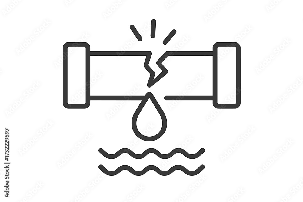 Broken pipe and water leak line icon. Plumbing problem, burst pipeline ...