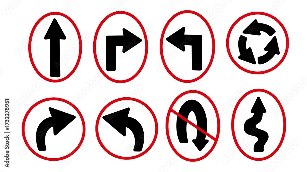 Various traffic signs, signals, or symbols that guide drivers with ...