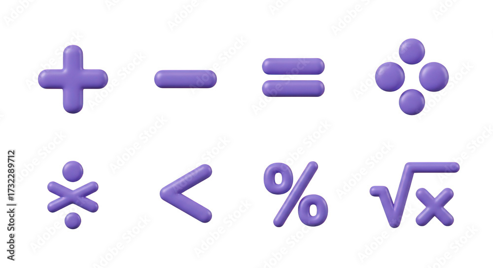 Purple 3D Math Symbols Plus Minus Equal Square Root isolated on a ...