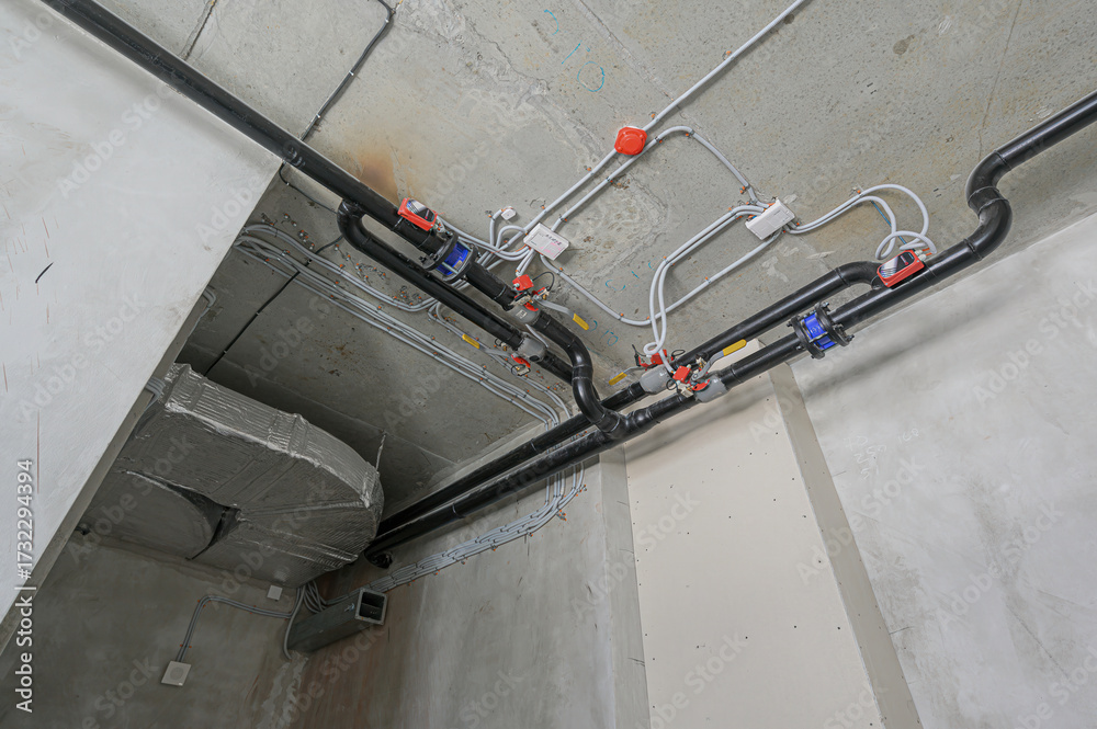 Pipes and wiring run across a concrete ceiling and walls, with valves ...