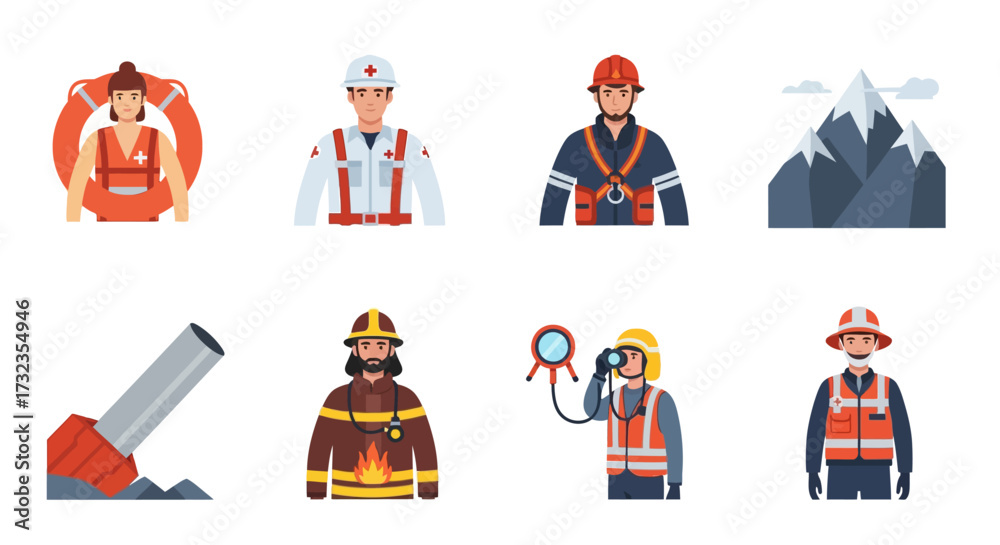 Illustration depicting various rescue workers including lifeguard ...