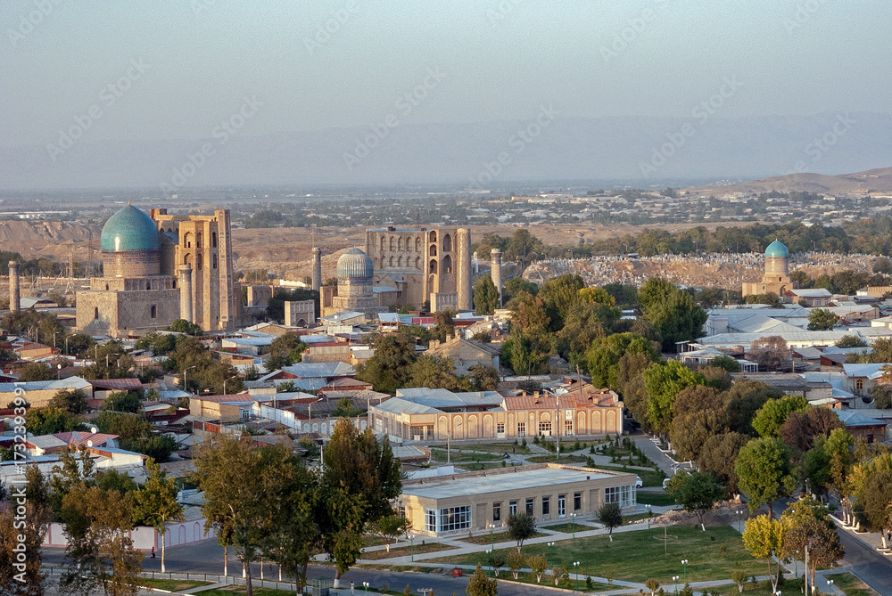 Aerial view of the Bibi Khanym Mosque and other historical structures ...