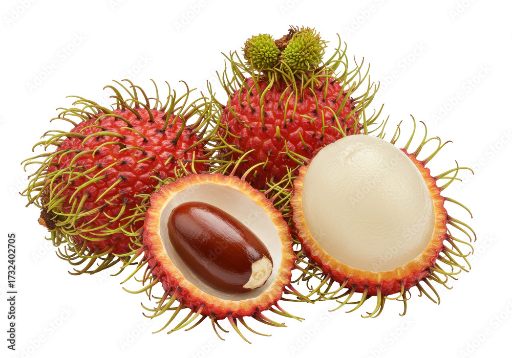 Fresh rambutan fruits isolated, showing red spiky skin, white flesh ...