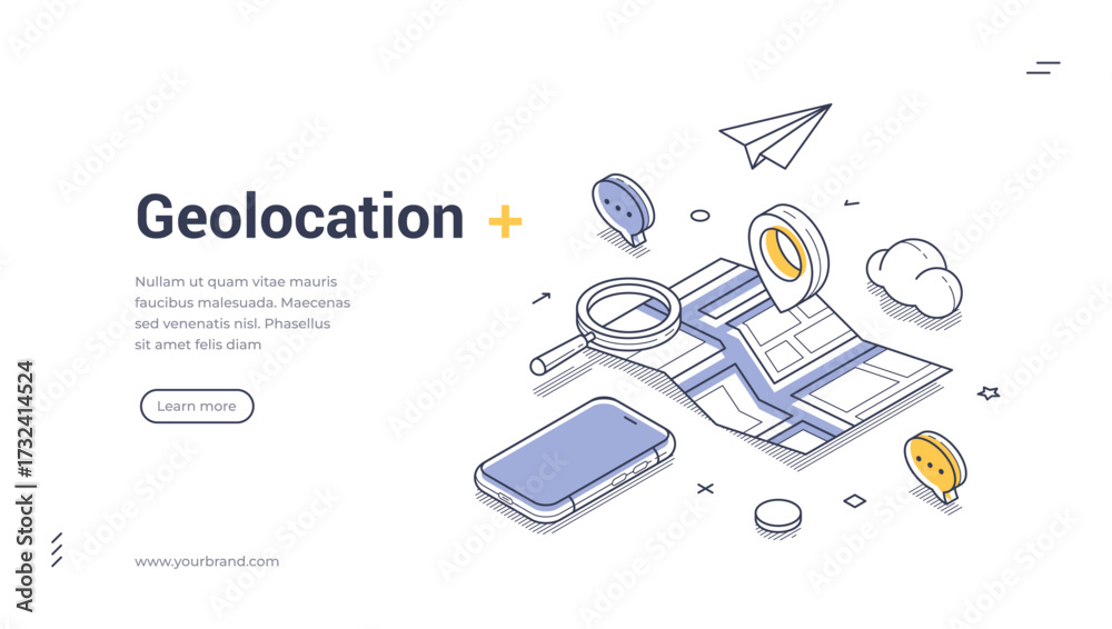 Geolocation map tracking GPS navigation mobile app isometric web banner ...