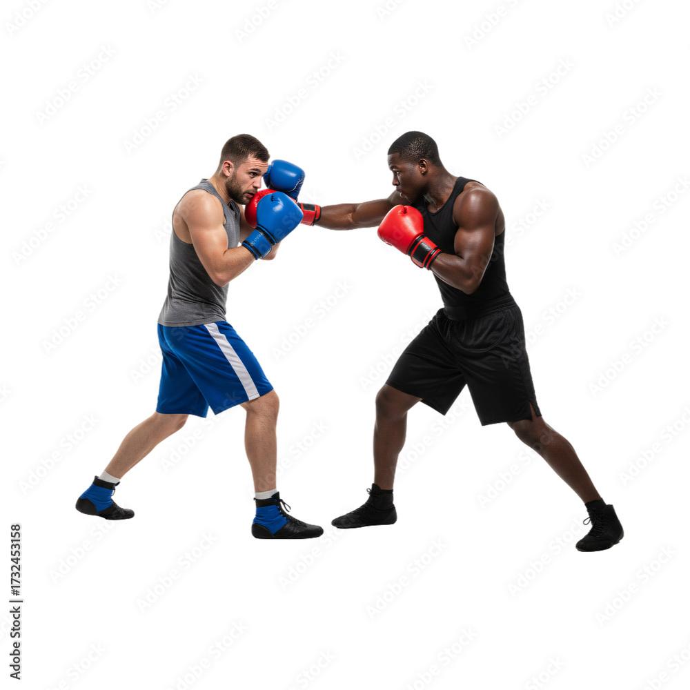 Two male boxers sparring, one in blue gear other in black with red ...