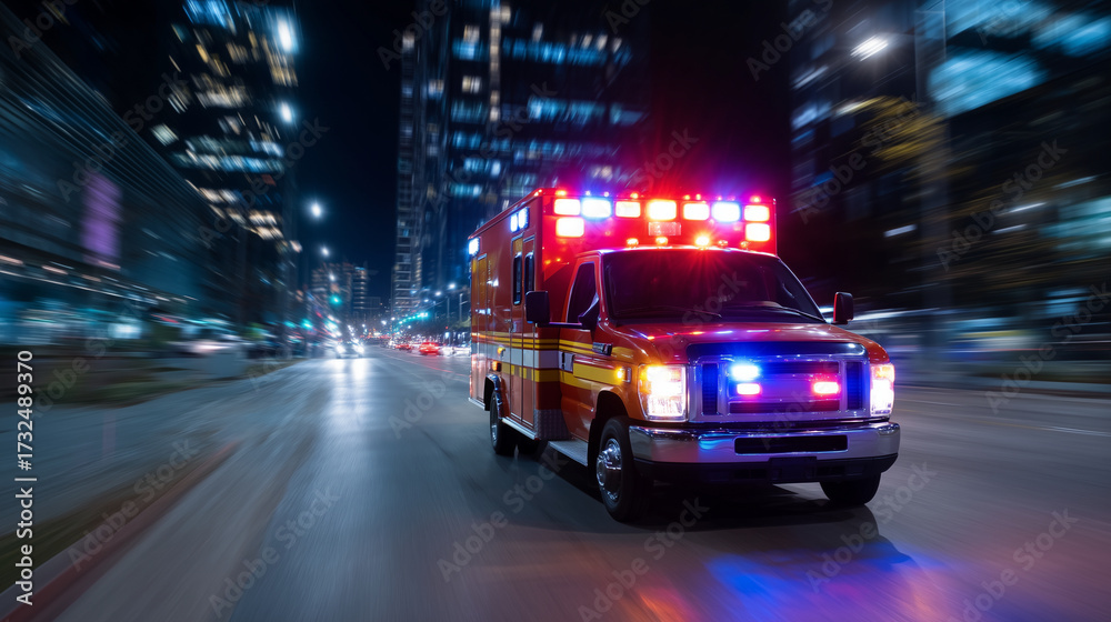 Ambulance racing through city streets at night with flashing red and ...