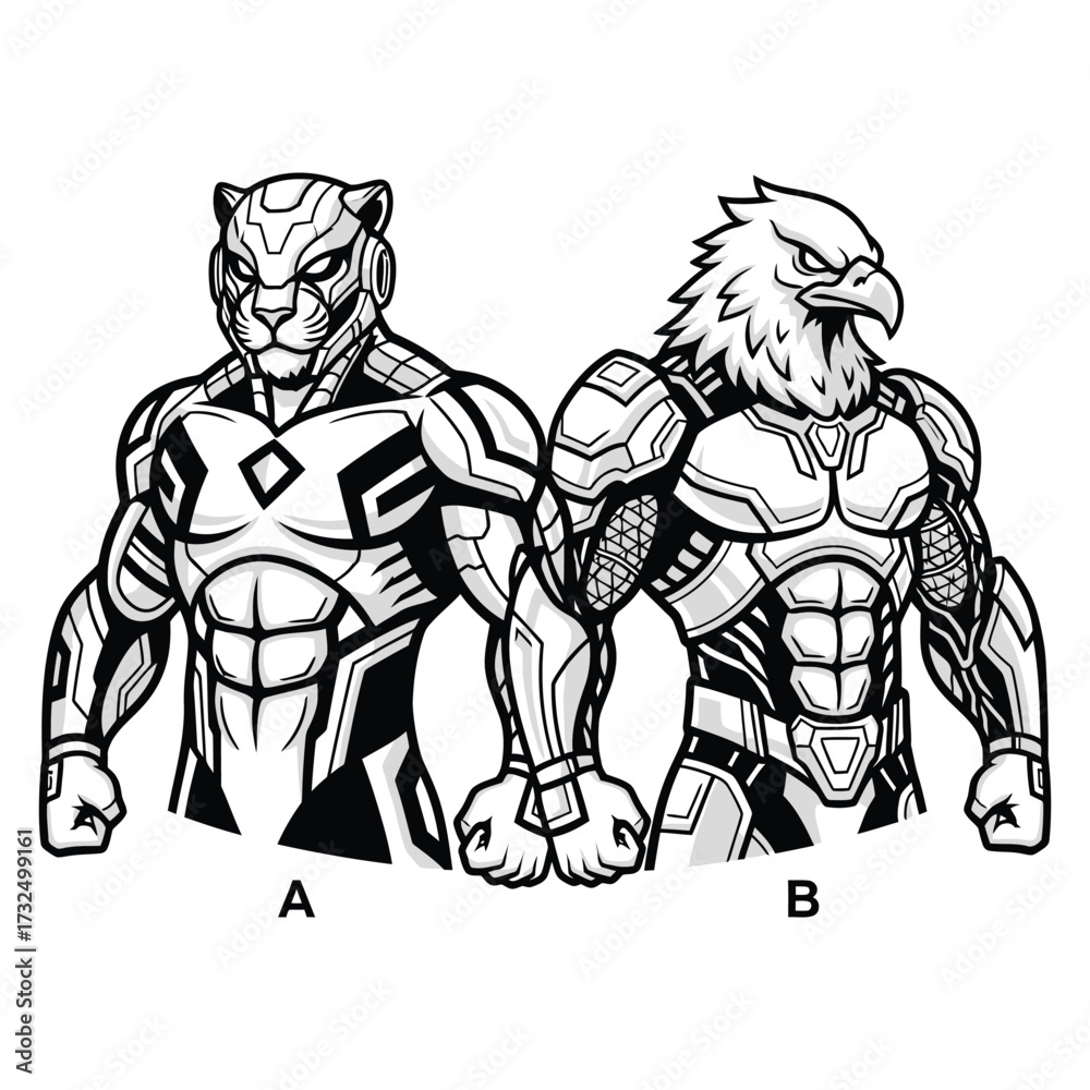 Two humanoid mascots standing together heavy futuristic armor muscular ...