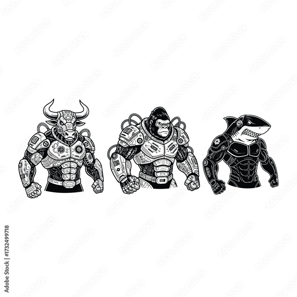 Three humanoid mascots side by side with futuristic visor in armor ...