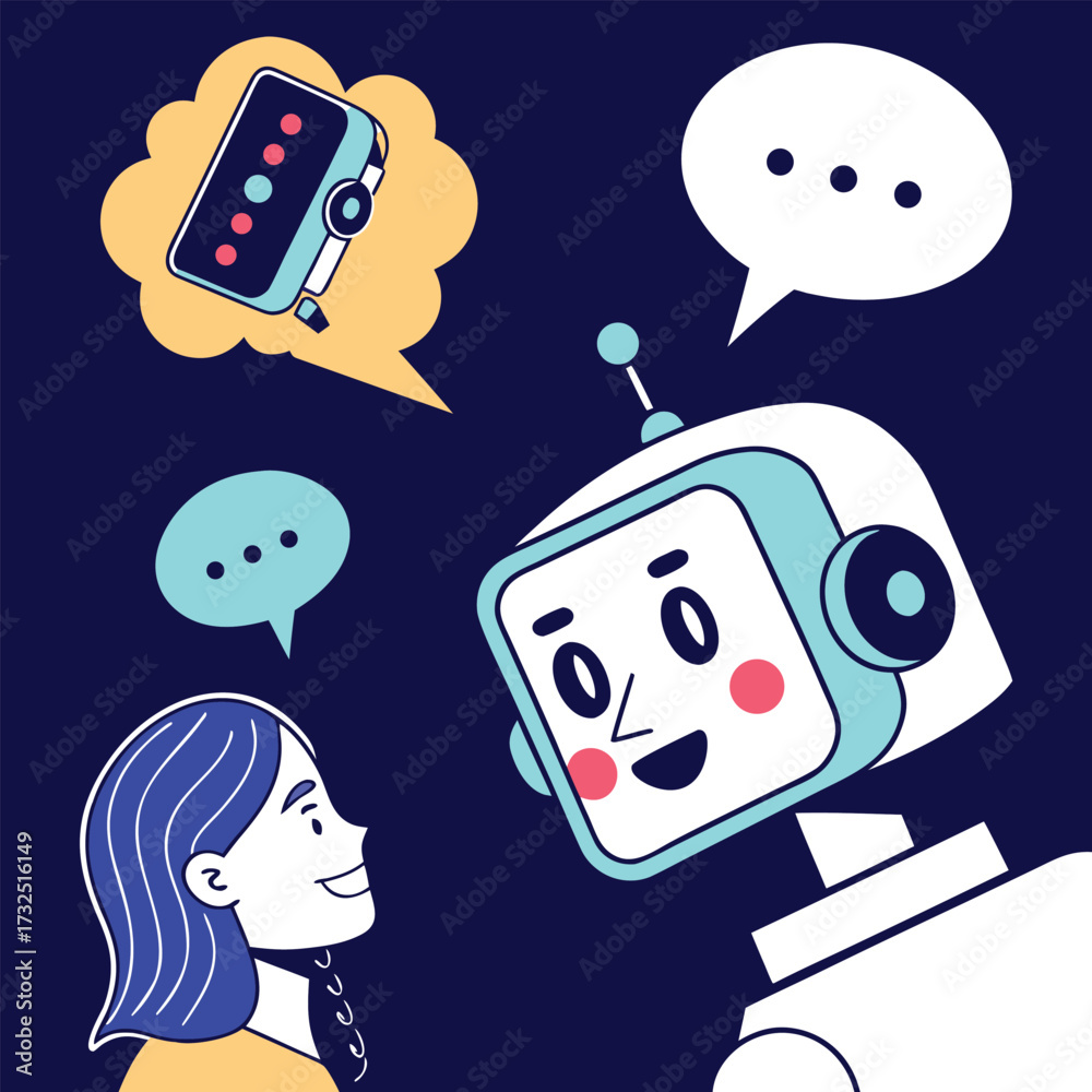 Engaging with AI, a woman interacts with a friendly robot and AI ...