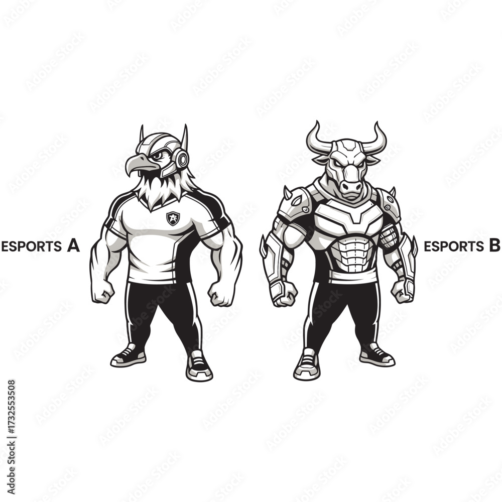 Two humanoid mascots standing together heavy futuristic armor muscular ...