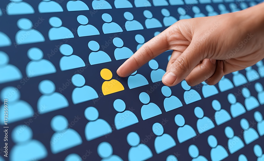 Finger pointing at single yellow person icon among many blue icons ...