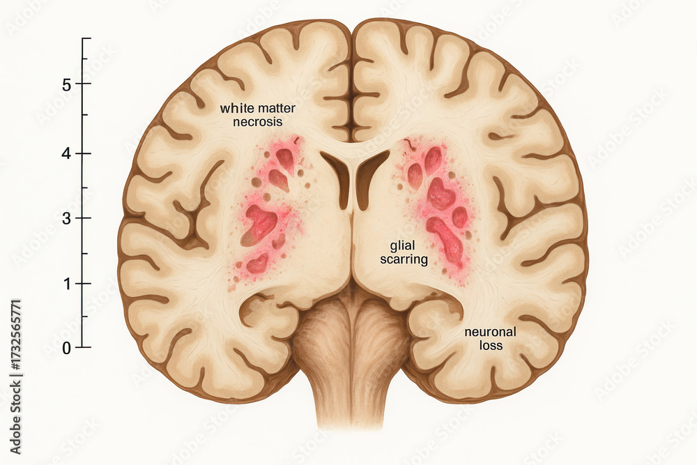 Coronal view of the human brain illustrating white matter necrosis ...