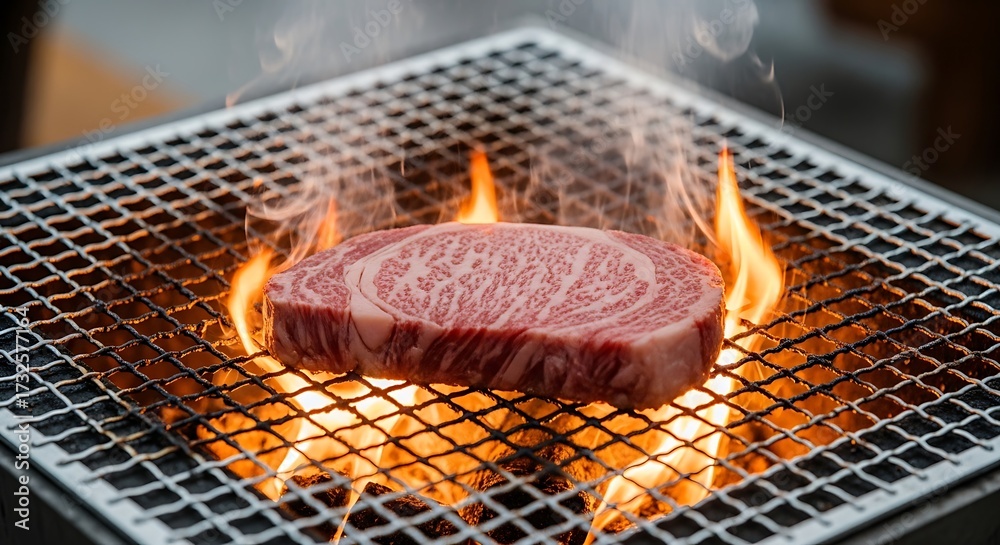 Exquisite marbled ribeye steak sizzling on an open flame grill, a ...