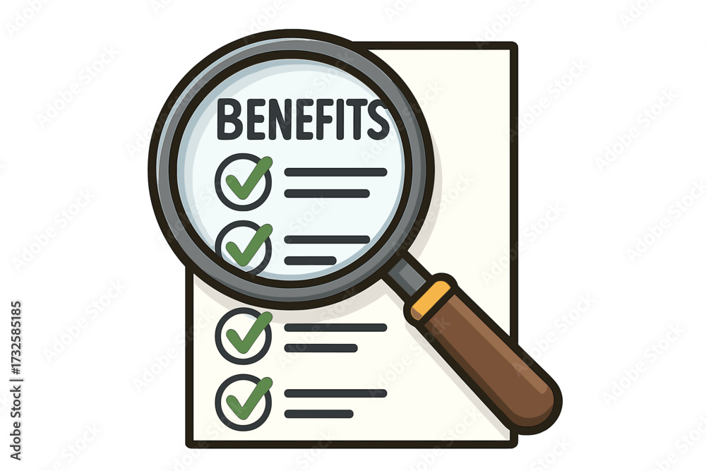Reviewing benefits with magnifying glass. Vector icon of a checklist ...