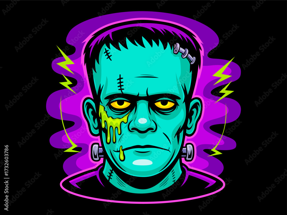 Frankenstein monster cartoon vector illustration with glowing neon ...