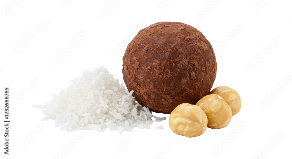 Chocolate truffle with coconut flakes and hazelnuts isolated, gourmet ...