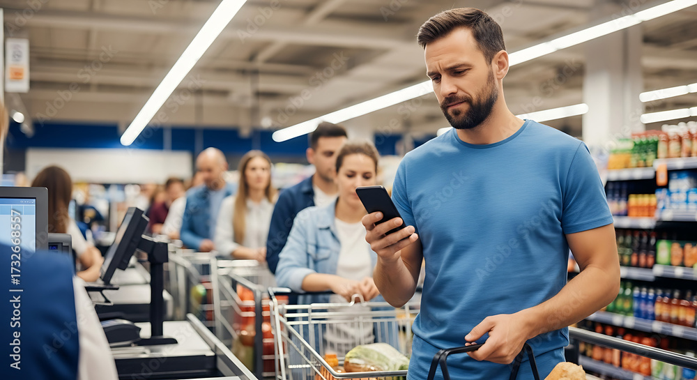 Foto de Stock Man uses phone in grocery store line He ' s waiting with ...
