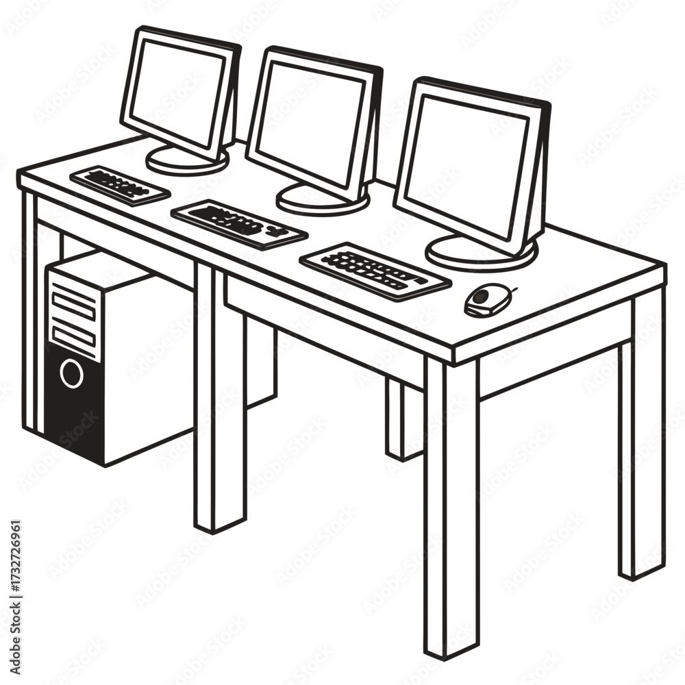 Row of three desktop computers with keyboards and mice on a simple ...
