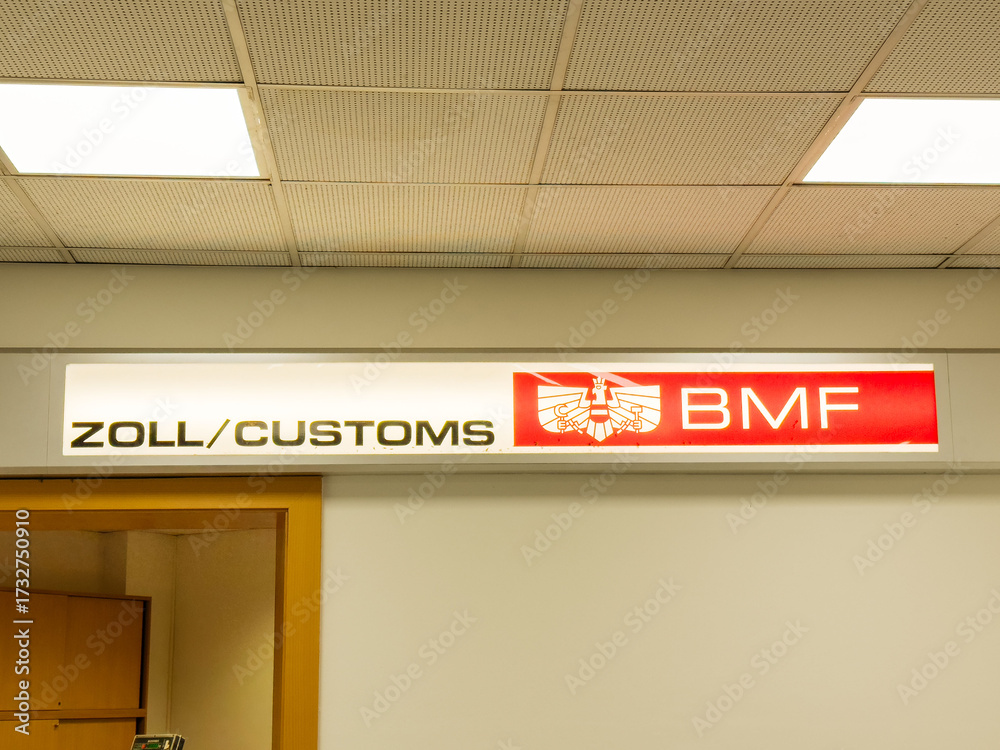 Zoll Customs sign displayed prominently in an airport, featuring the ...