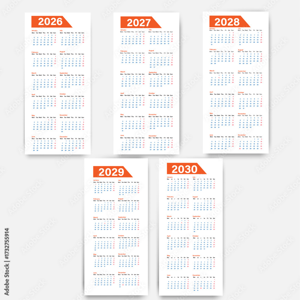 Стоковое векторное изображение « 2026 -2030 calendar. Monthly planner template. Vector design ...