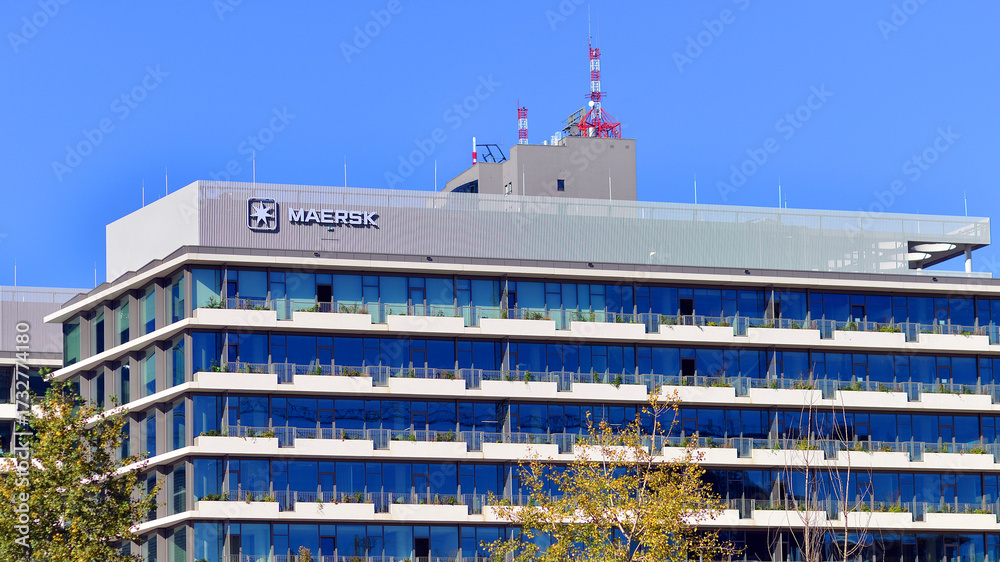 Warsaw, Poland. 21 September 2025. Urban landscape. Neon sign with the ...