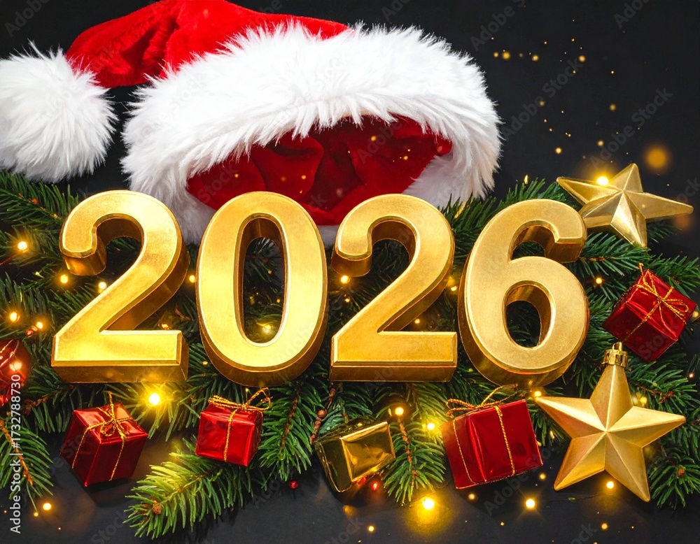 Christmas and New Year 2026 Greeting with Golden Numbers 2026 and Santa ...