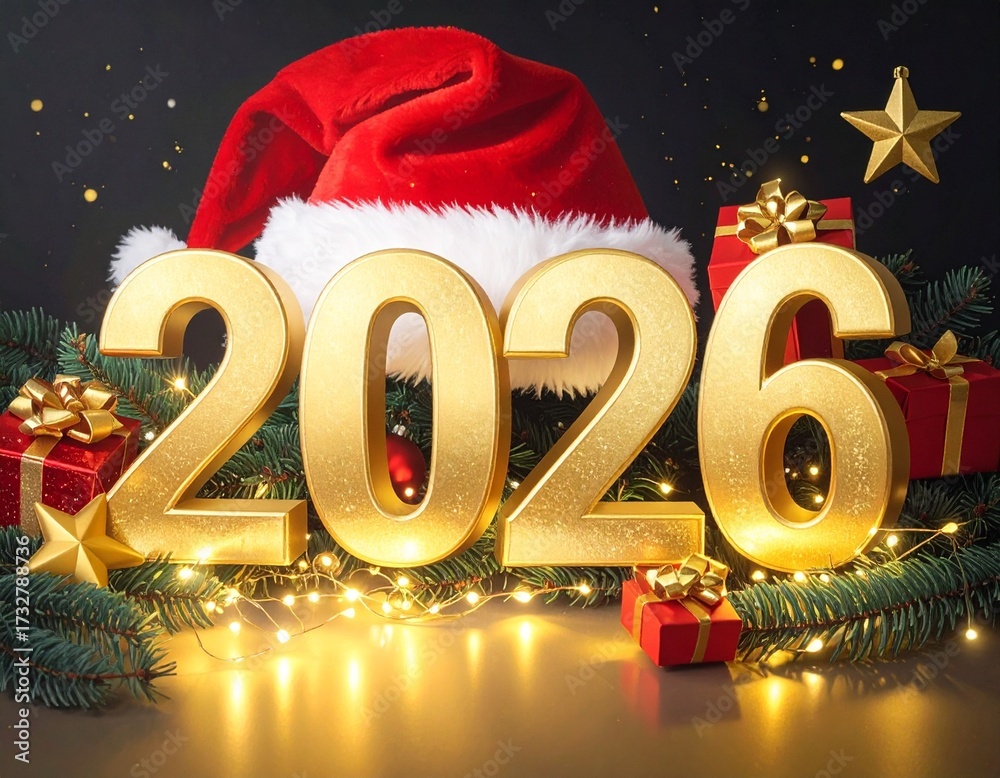 Christmas and New Year 2026 Greeting with Golden Numbers 2026 and Santa ...