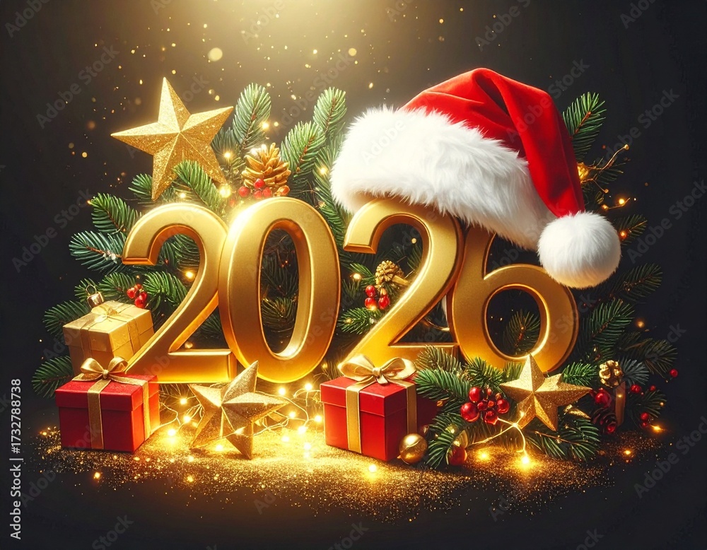 Christmas and New Year 2026 Greeting with Golden Numbers 2026 and Santa ...