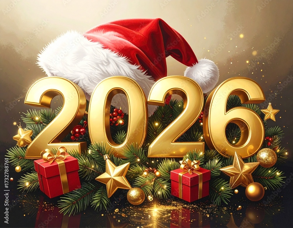 Christmas and New Year 2026 Greeting with Golden Numbers 2026 and Santa ...