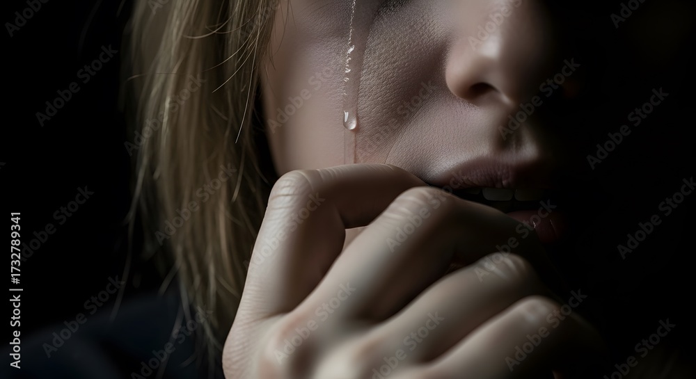 A close-up of a person's face in shadow, with a single tear rolling ...