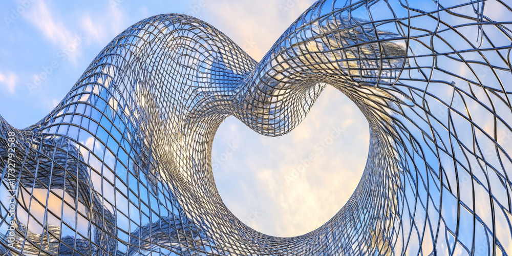 Netted chrome wires woven into an abstract sculpture, mirror-like ...