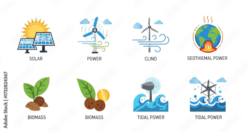 Illustration showing various sources of renewable energy including ...