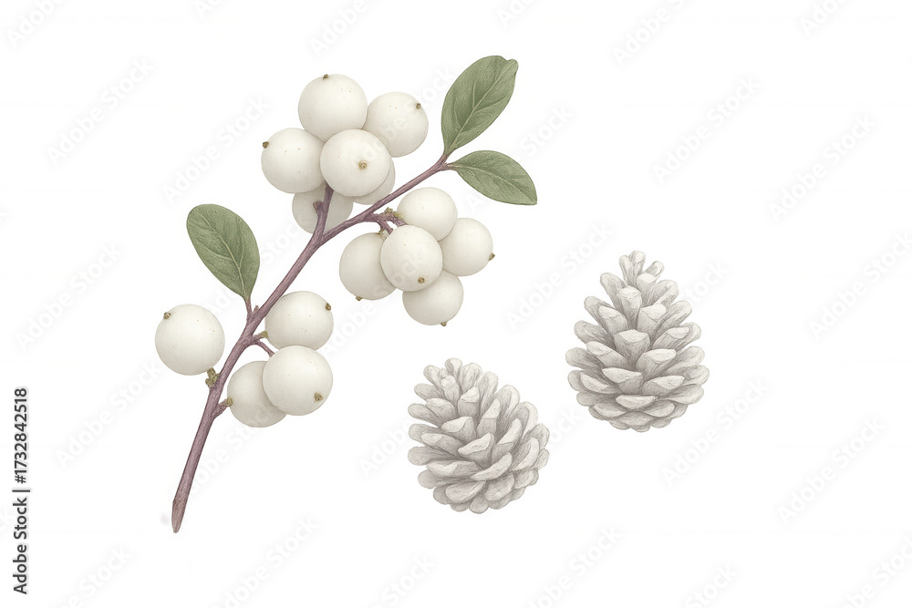 Snowberry plant branch showing white berries and green leaves next to ...