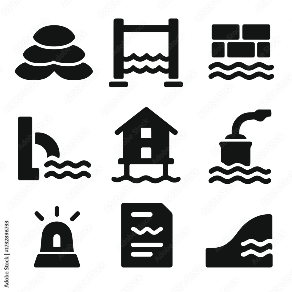 Flood Prevention Icons. Solid style icons of flood prevention and ...