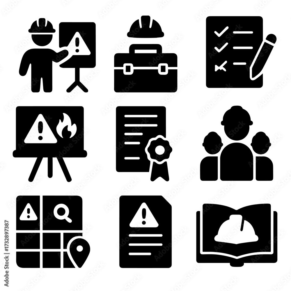Safety Training Icons. Solid style icons of safety training and ...