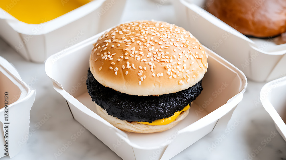 Black burger: a unique take on a classic. The burger is in a paper ...