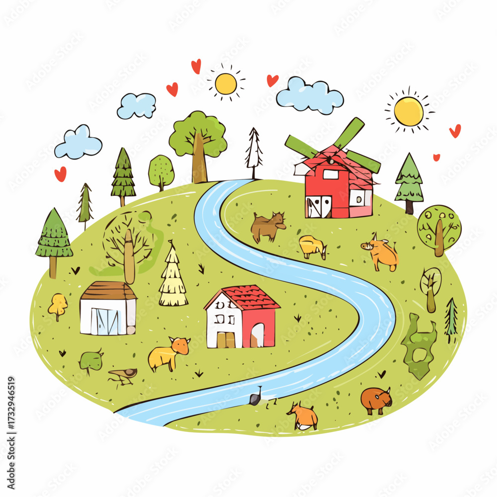 Kids doodle map creator hand drawn naive child nature landscape village ...