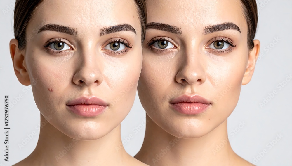 A side-by-side comparison showcasing a woman's face before and after an ...