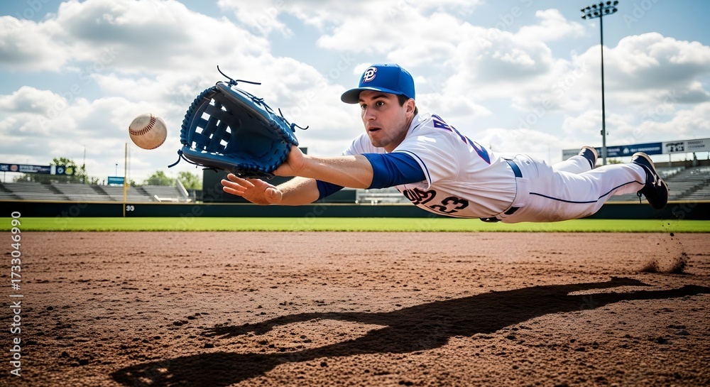 Foto de Stock Baseball player diving for a catch He ' s stretched out ...
