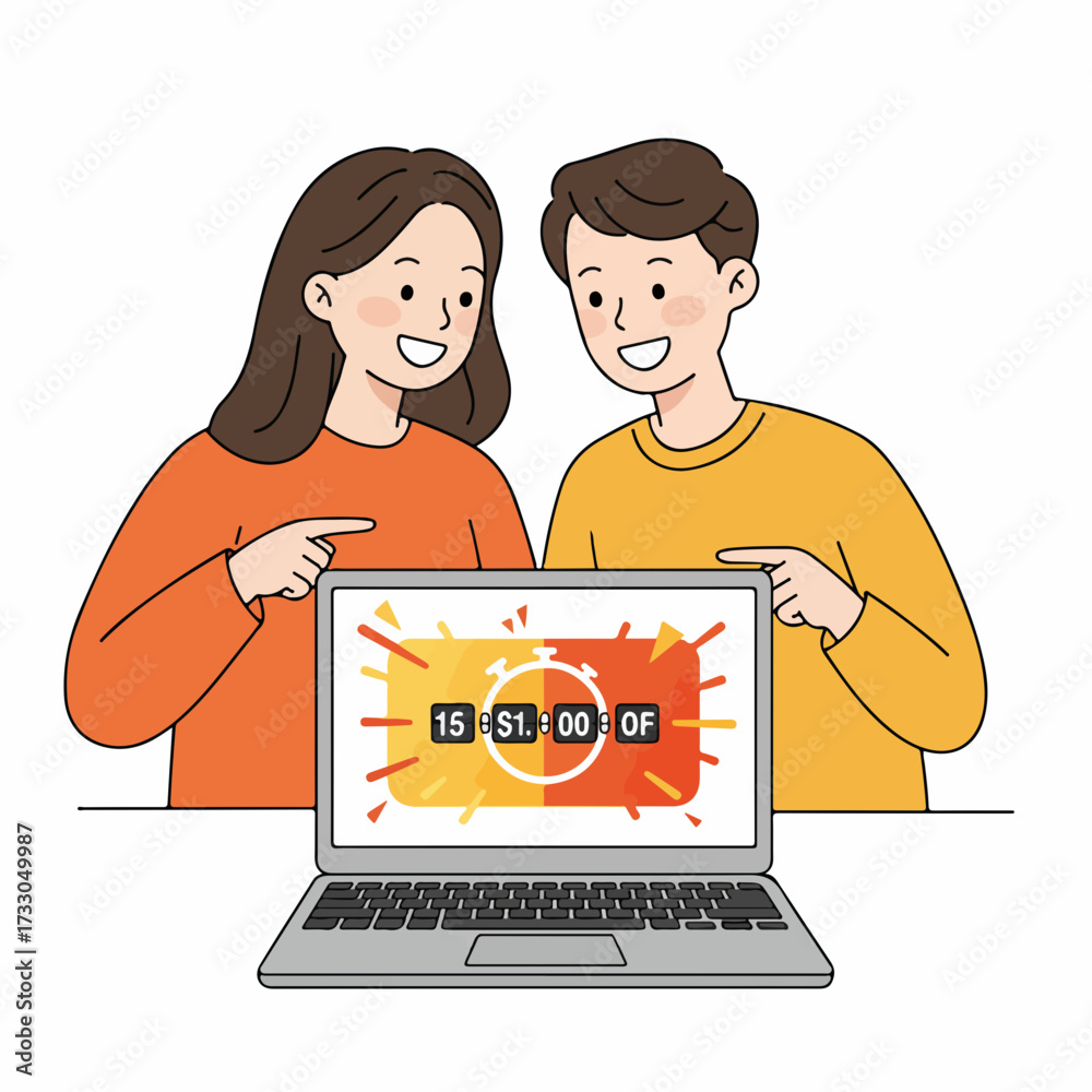 Cartoon Flat Couple Presenting Countdown Timer on Laptop Illustration ...