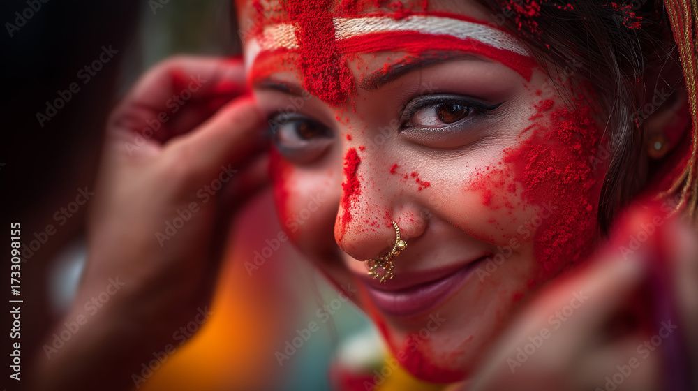 Beautiful Indian woman with face covered in red vermillion powder ...