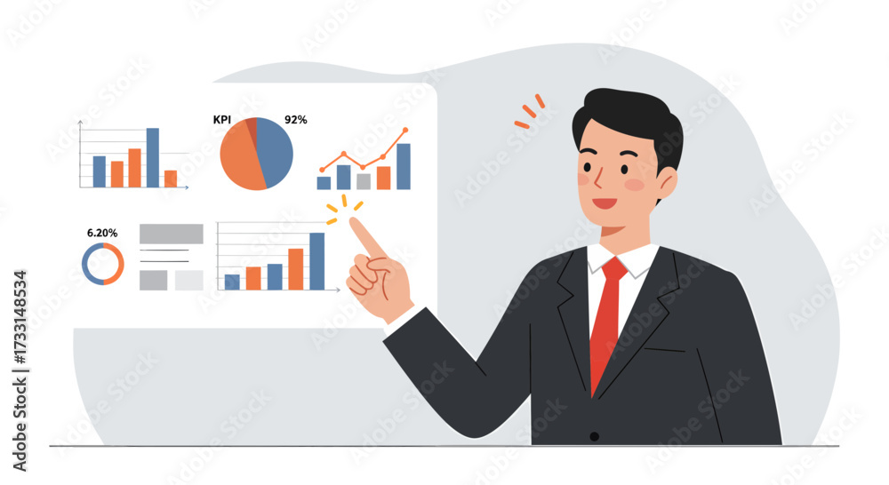 Man Presenting Data Analysis on Screen with Charts and Graphs. Stock ...